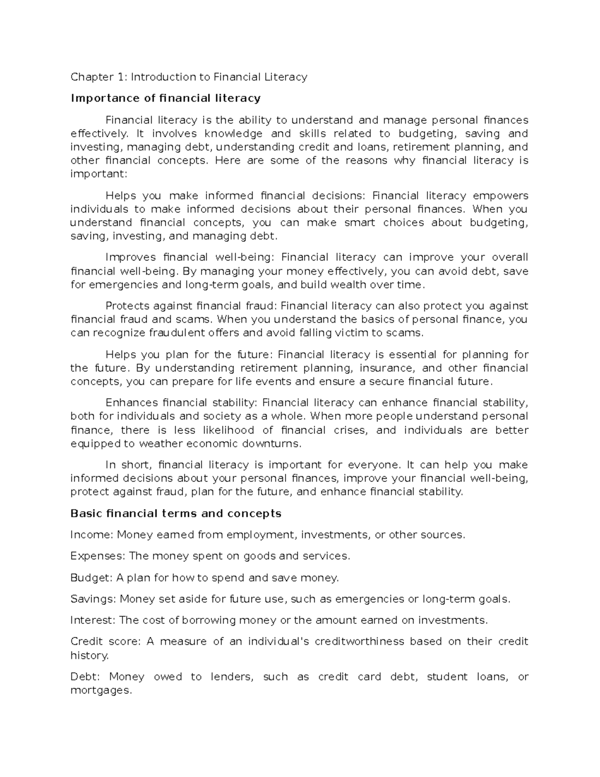 Ebook-financial literacy - Chapter 1: Introduction to Financial ...