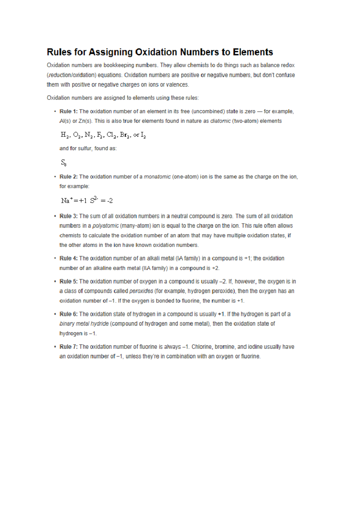 Oxidation rules - Rules for Assigning Oxidation Numbers to Elements ...