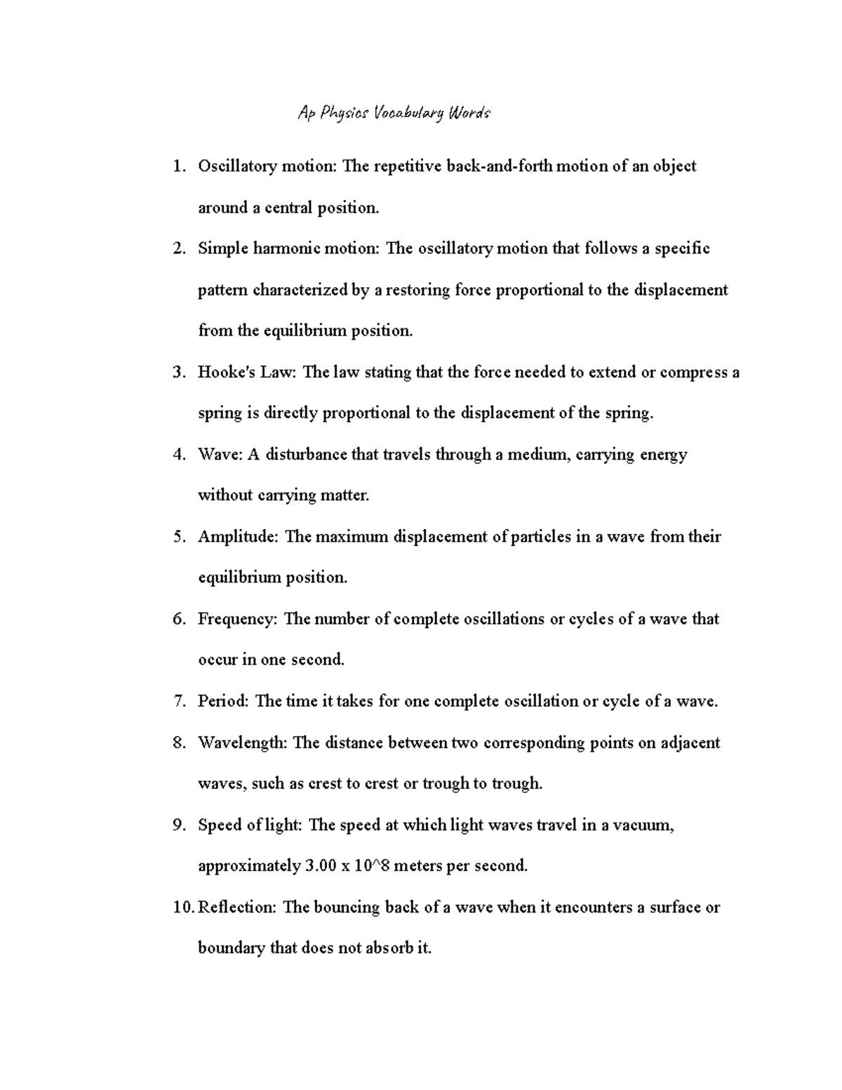 Ap Physics Vocabulary Words 27-47 - Ap Phic Vocar Wor Oscillatory ...