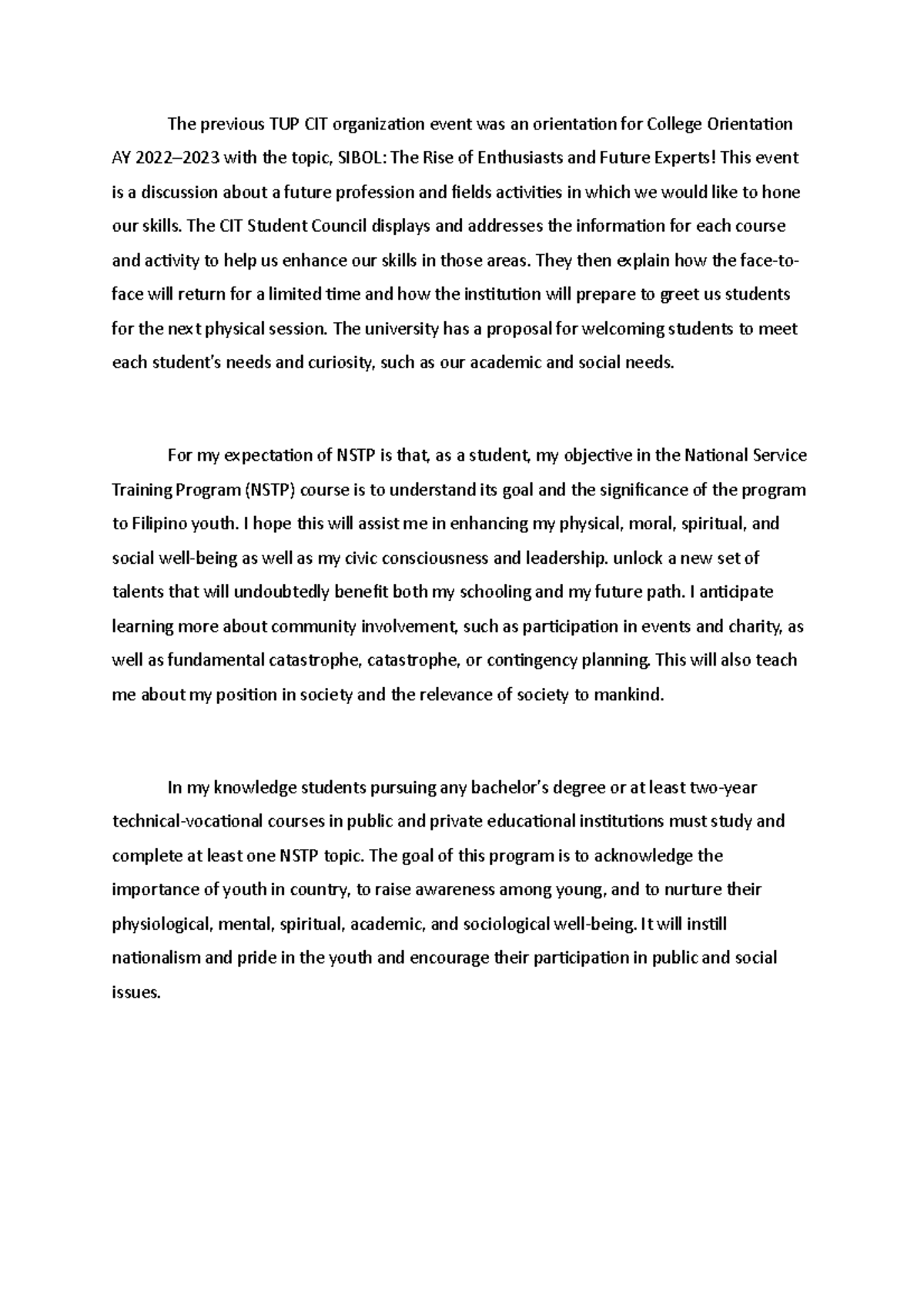 NSTP Essay - Expectation for NSTP and Orientation CIT - The previous ...
