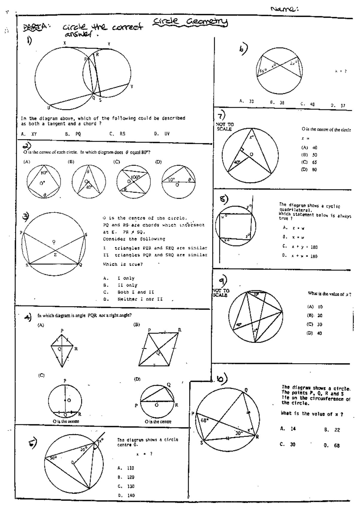 8 circle - wksht - Name: PARTA: circle the correct circle Geometry ...