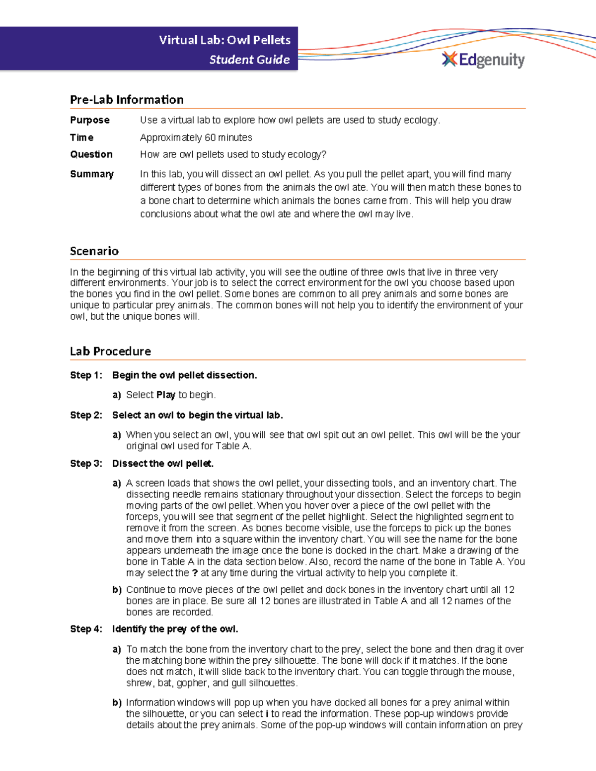 Virtual Lab Guide - Owl Pellets-Student Guide - Virtual Lab: Owl ...