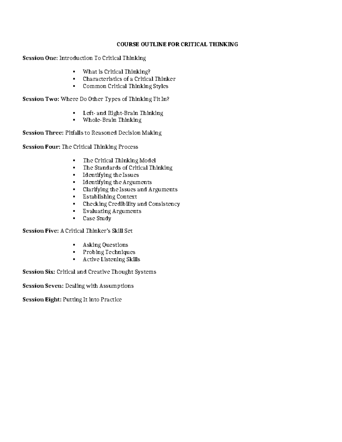 Course Outline FOR Critical Thinking - COURSE OUTLINE FOR CRITICAL ...