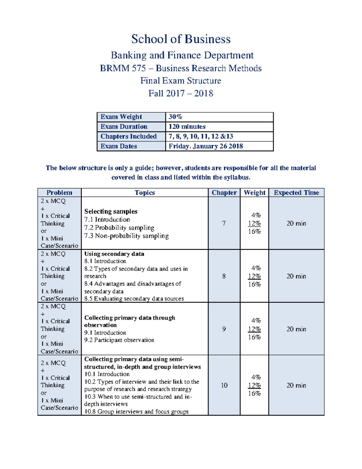 Final exam 1 January 2018, questions - School of Business Banking and ...