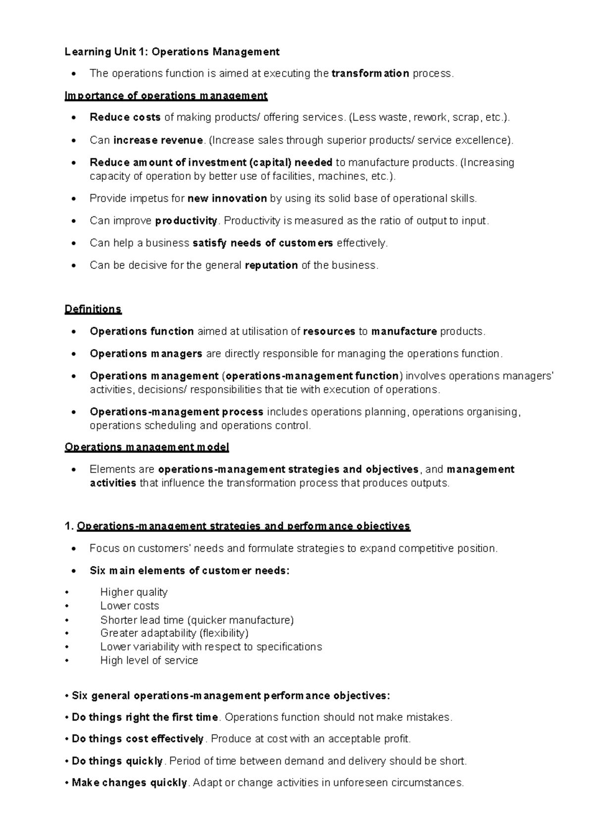 Business Learning Unit 1-3 - Learning Unit 1: Operations Management ...