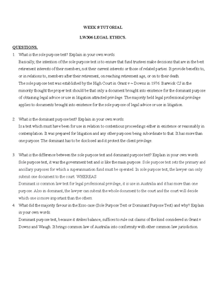 Week 13 Tutorial Questions xxx - LW 306 – LEGAL ETHICS WEEK 13 ...