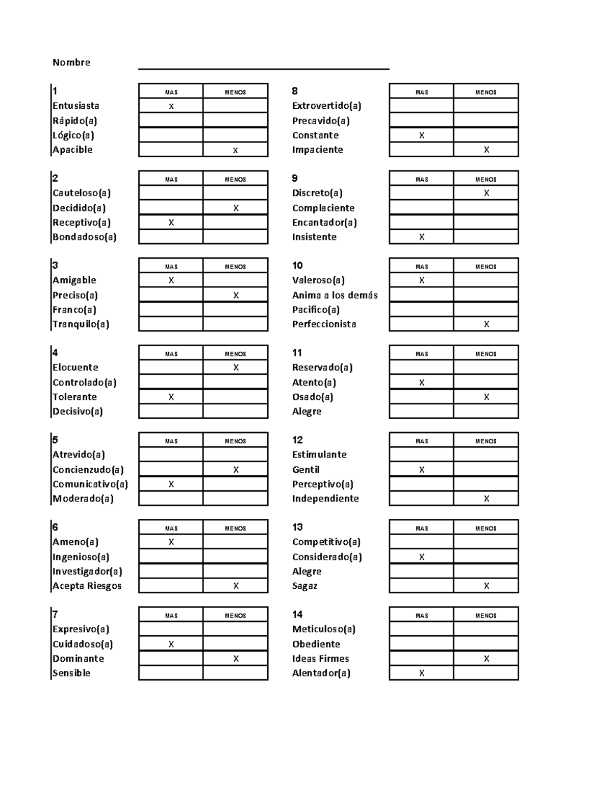 Test Personalidad 2 - Nombre 1 MAS MENOS 8 MAS MENOS Entusiasta x ...