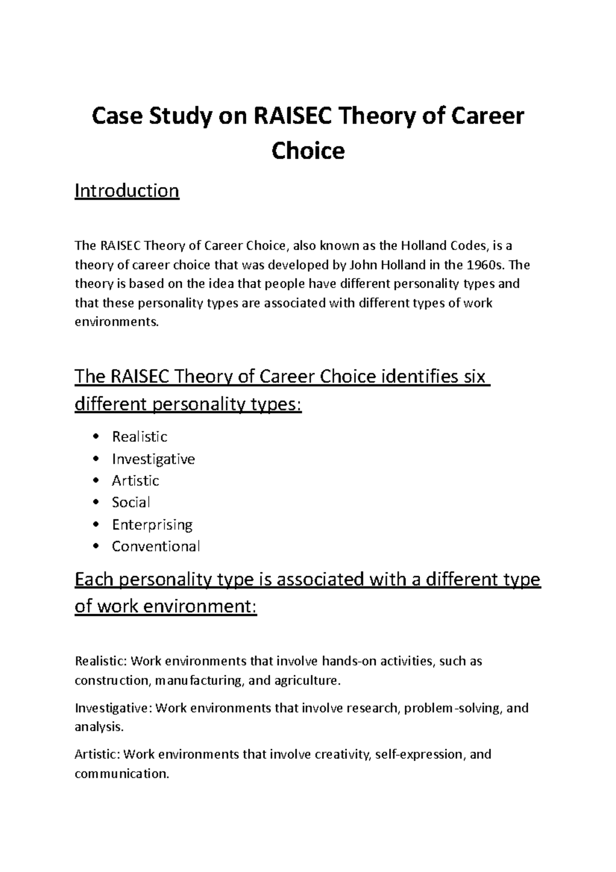 Case Study on Raisec Theory of Career Choice - Case Study on RAISEC ...