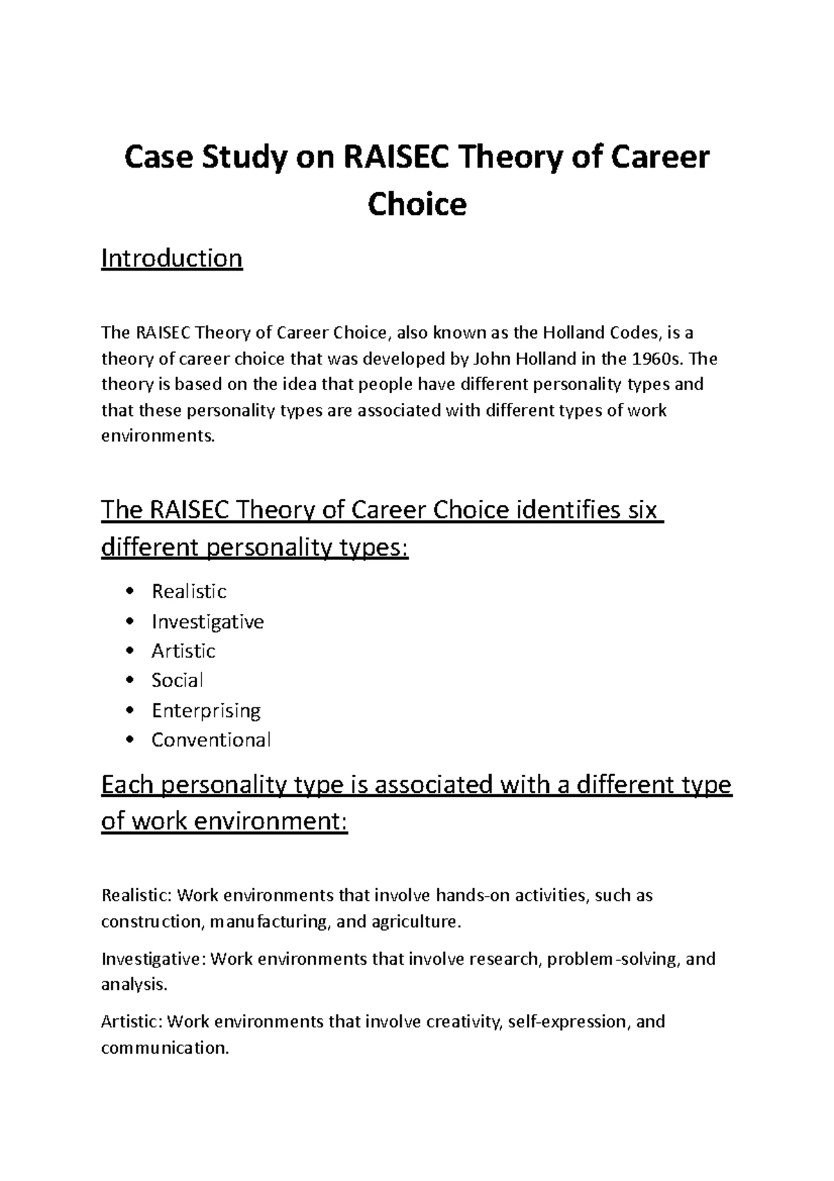Risec theory of career choice - Case Study: RIASEC Theory of Career ...
