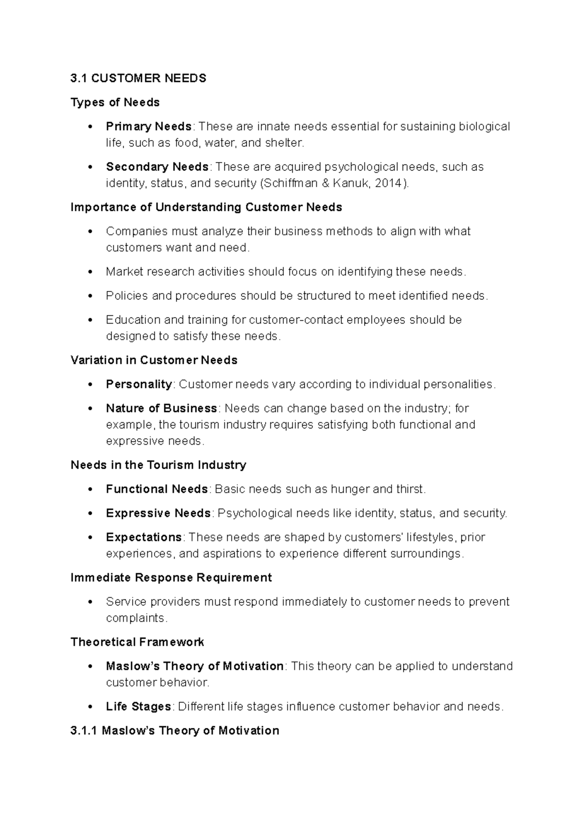 IOP1502 UNIT 3 Notes - 3 CUSTOMER NEEDS Types of Needs Primary Needs ...