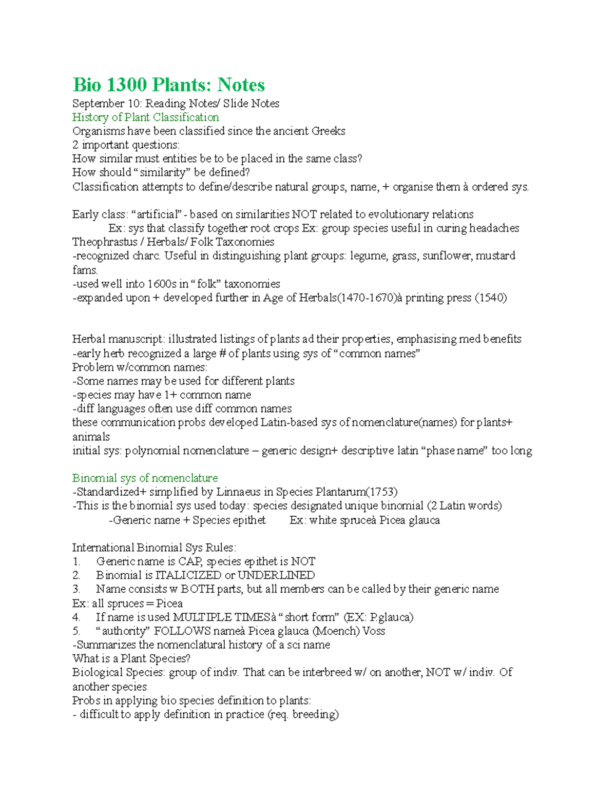 Bio 1300 Plants - Lecture notes 1 - Bio 1300 Plants: Notes September 10 ...