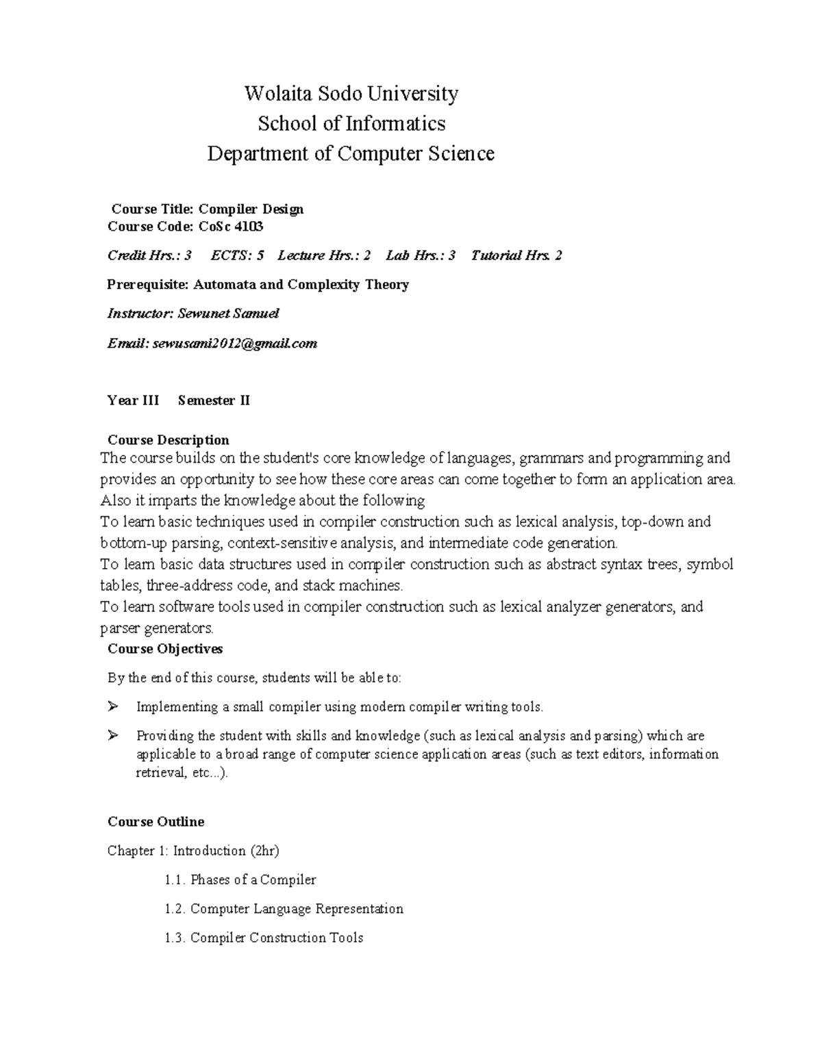 Compiler Design Course Outlines - Wolaita Sodo University School of ...