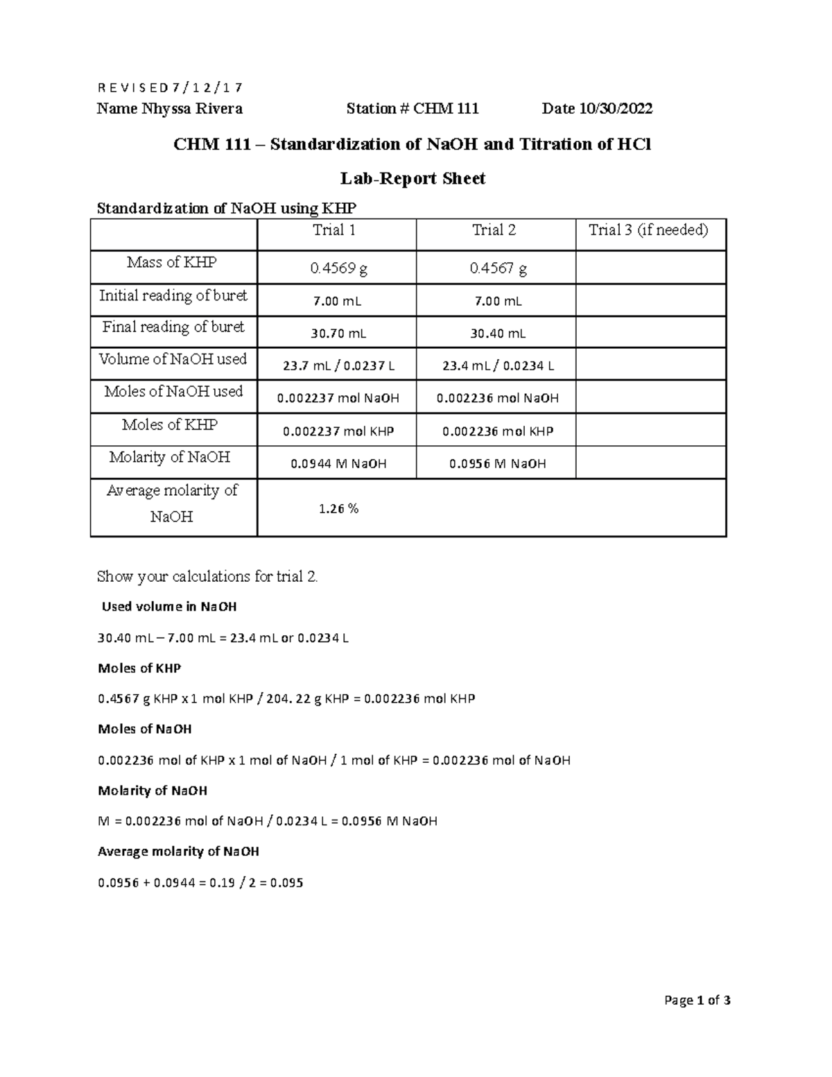Week 8 Exp 6 Lab Report Sheet and Post-Lab Quations- Standardization of ...