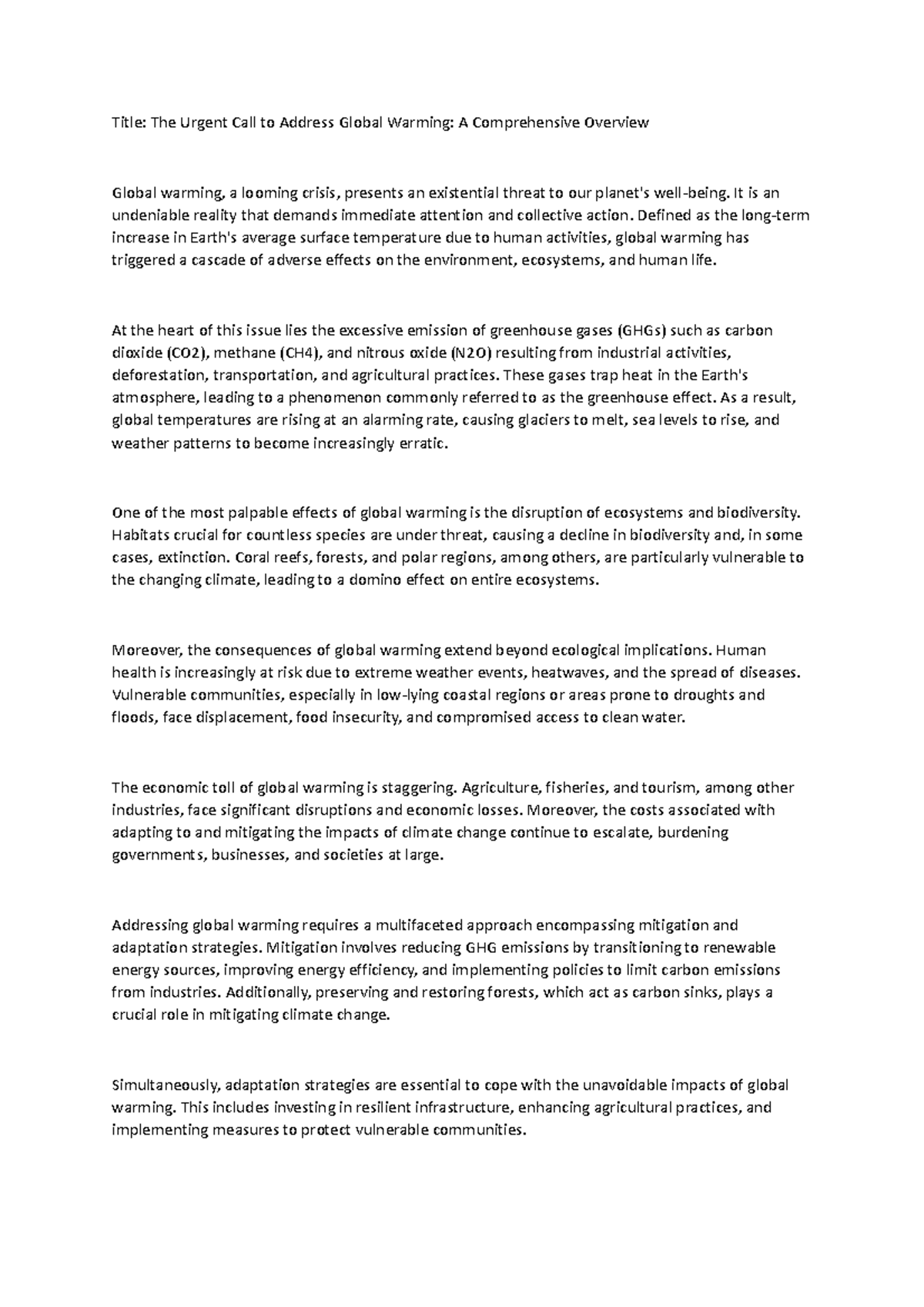 Global Warming essay - Title: The Urgent Call to Address Global Warming ...