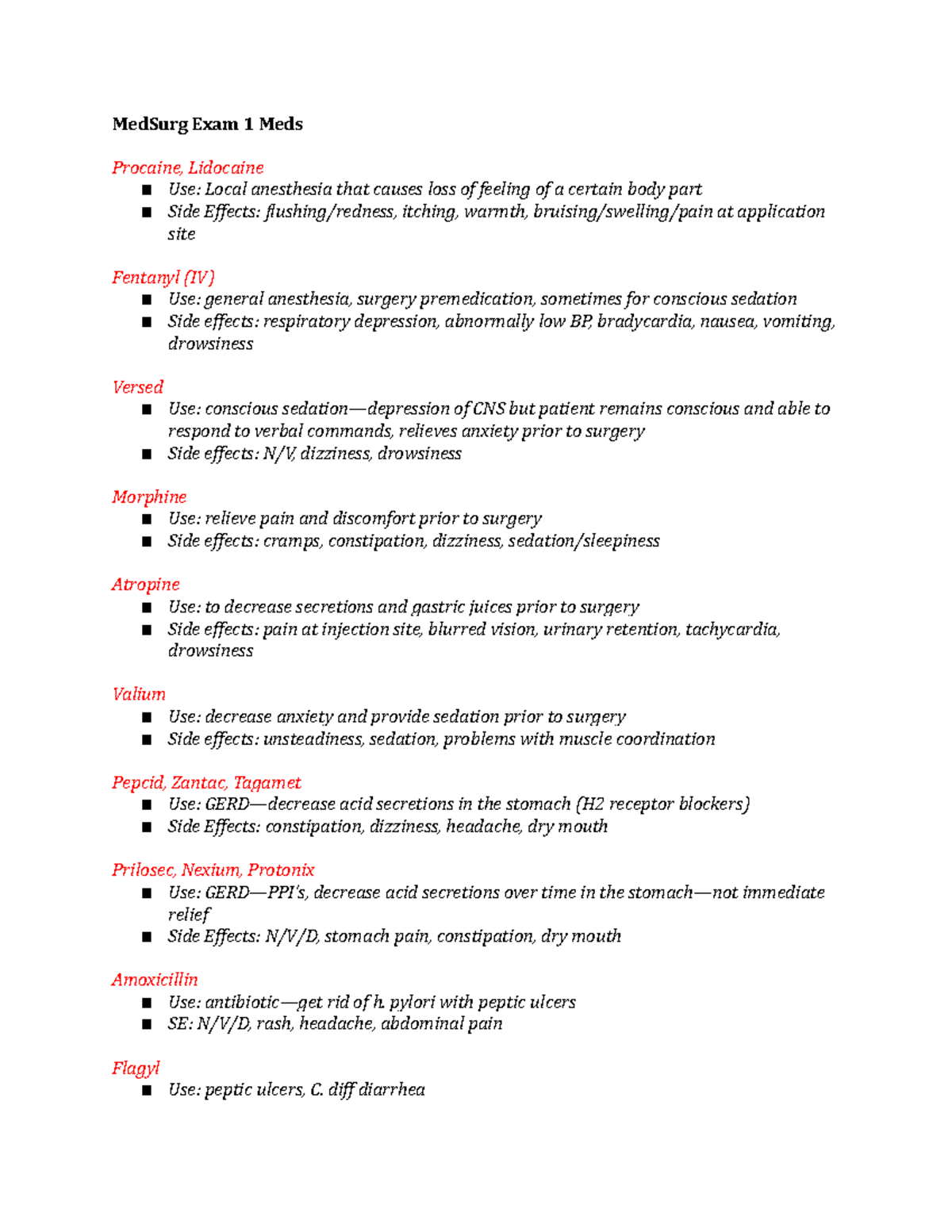 NURS352 Exam 1 Medications - MedSurg Exam 1 Meds Procaine, Lidocaine Use: Local anesthesia that ...
