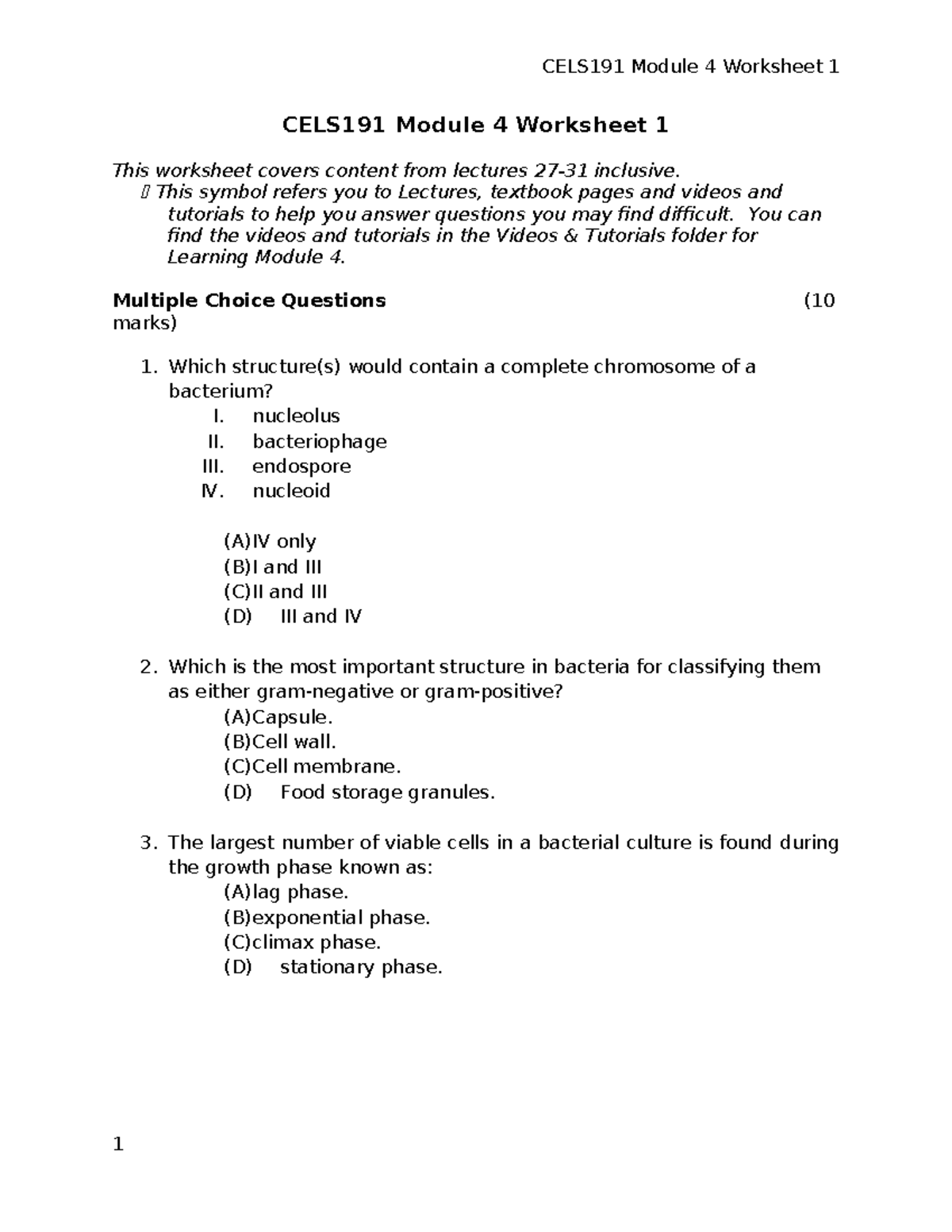 CELS191 Module 4Worksheet 1Questions 2024 - CELS191 Module 4 Worksheet 1 This worksheet covers ...