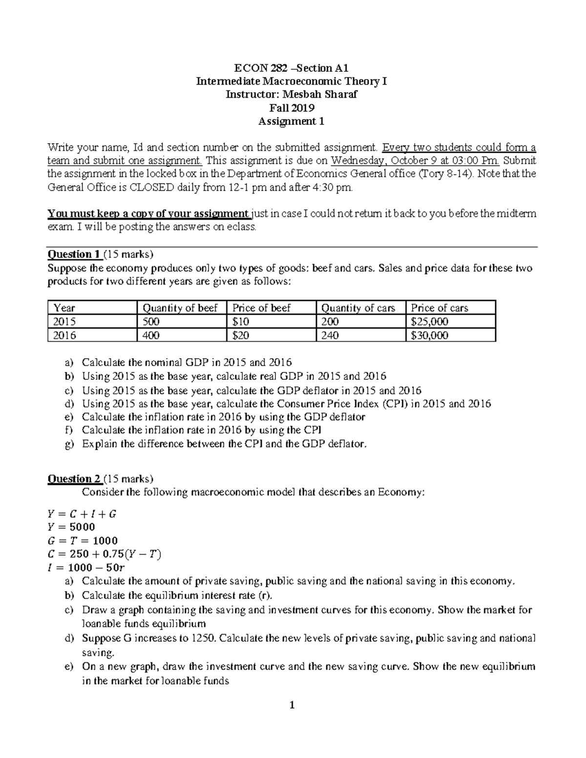 ECON 282 Assignment 1 - 1 ECON 282 –Section A Intermediate Macroeconomic Theory I Instructor ...