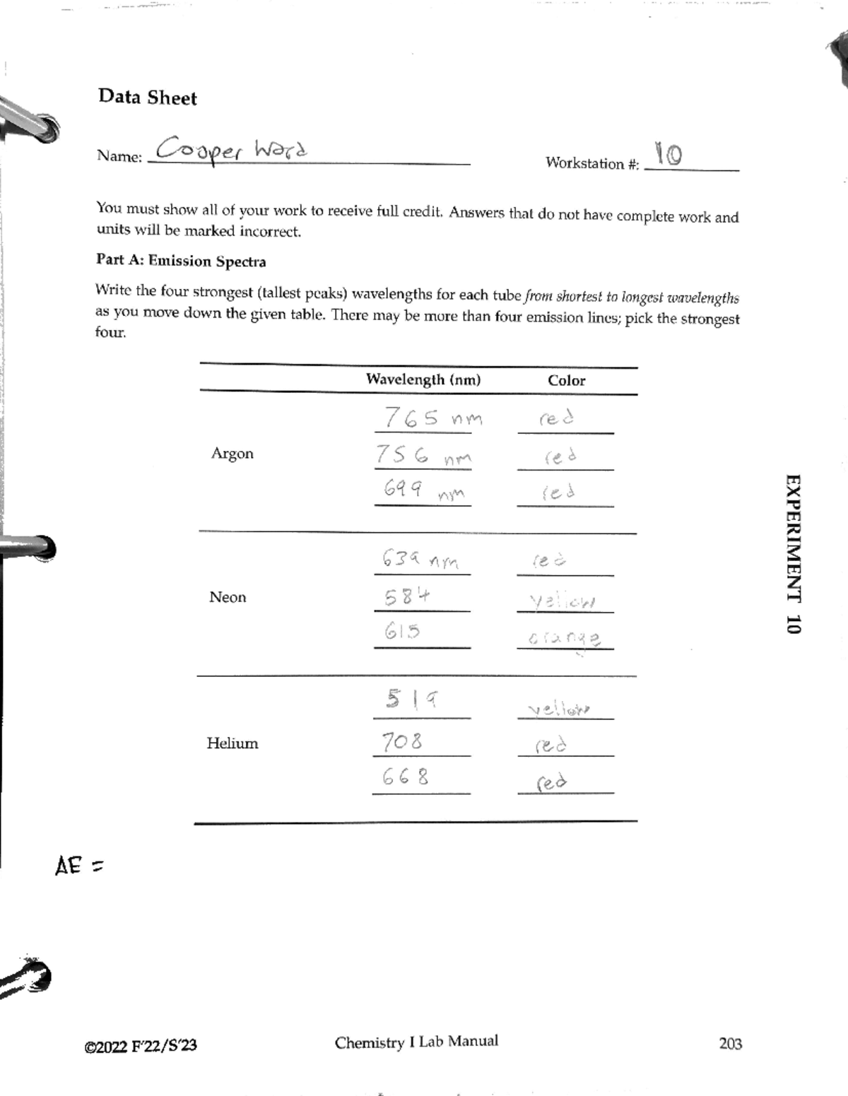 Chem 1 Lab 10 - Lab Materials - Data Sheet Name: Cooper word ...