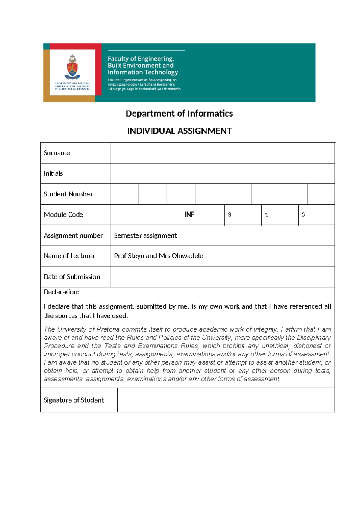 Cover Page Individual Assignment 2024 - Department of Informatics INDIVIDUAL ASSIGNMENT Surname ...