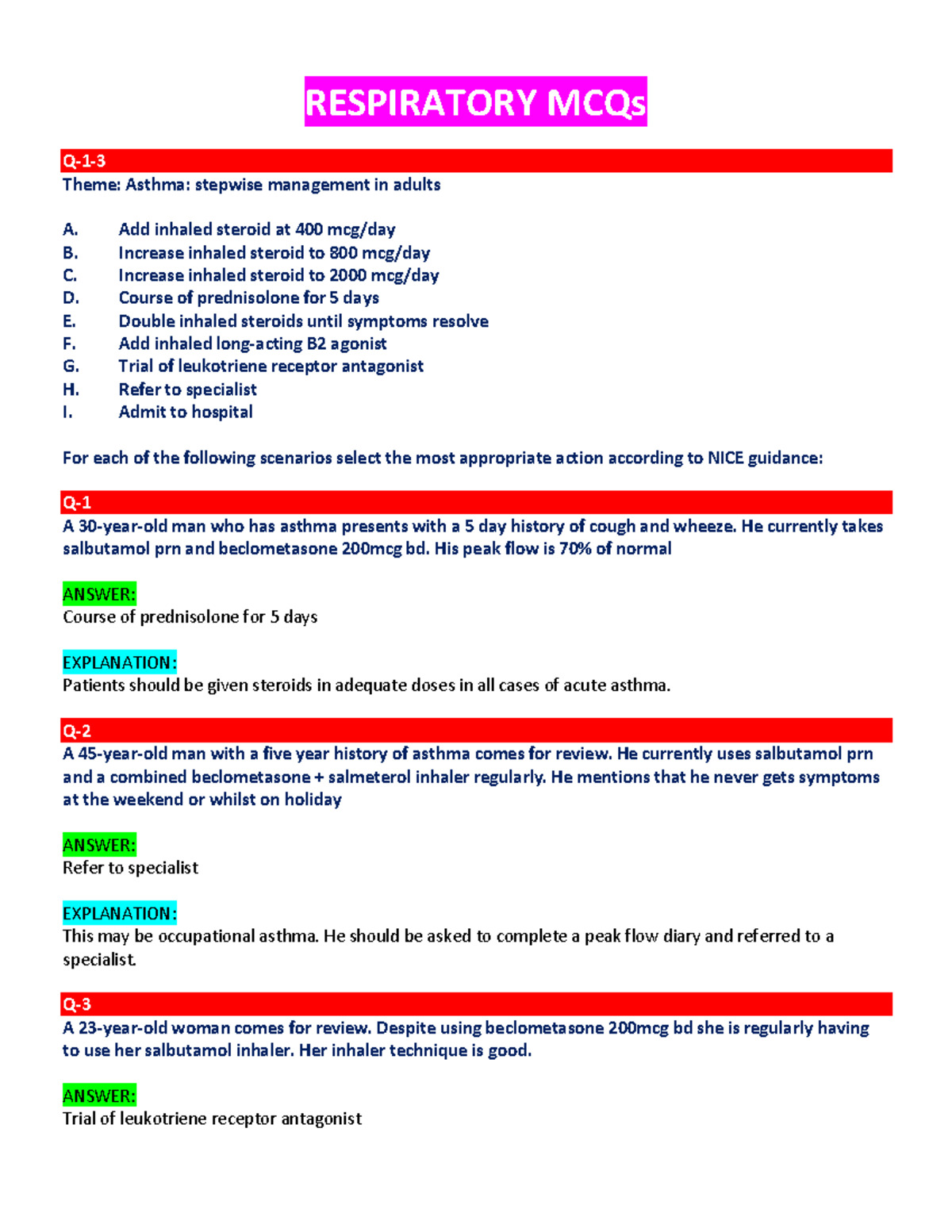 Passmedicine MCQs- Respiratory - RESPIRATORY MCQs Q-1- Theme: Asthma ...