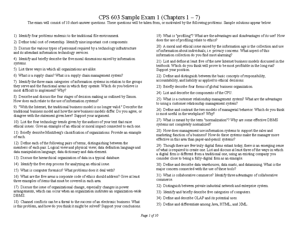 MIS Questions - ict - CPS 603 Sample Exam 1 (Chapters 1 – 7) The exam ...