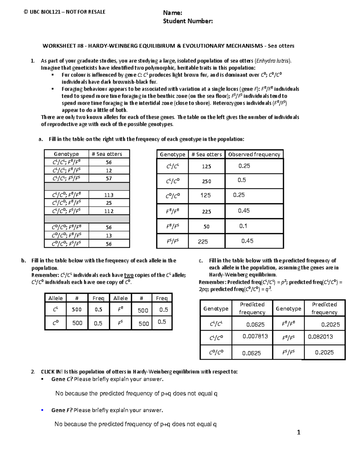 Worksheet #8 - Hardy-Weinberg Equilibrium & Evolutionary Mechanisms ...