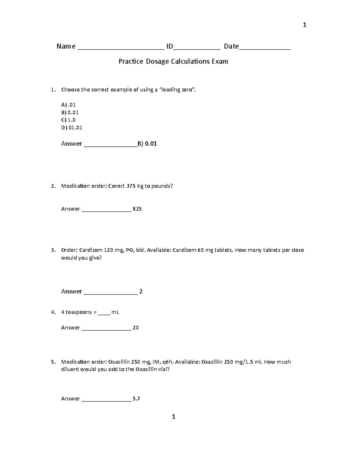 Practice Dosage Calculations exam 3 - Name ______________________ ID ...