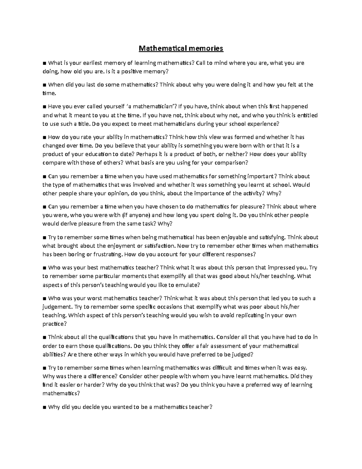 Mathematical memories - Is it a positive memory? When did you last do ...