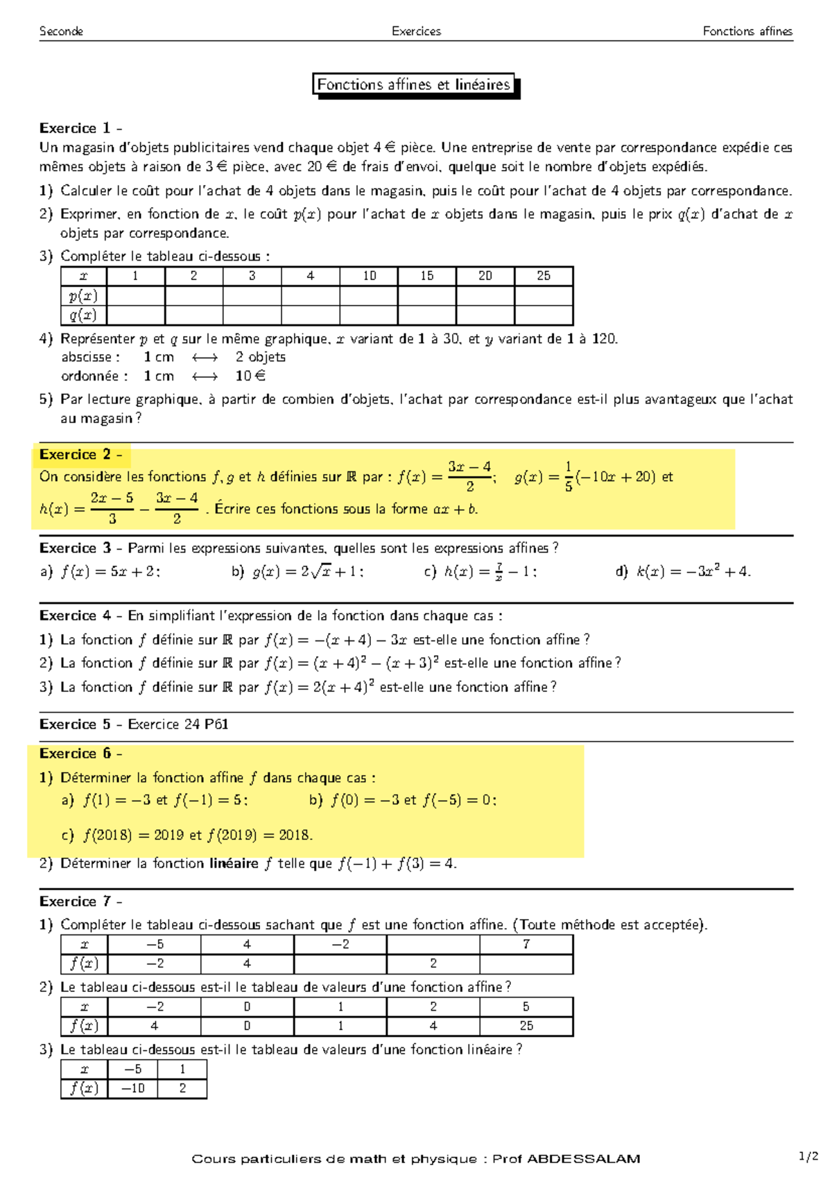 Les fonctions afinnes années seconde lycée. - Seconde Exercices ...