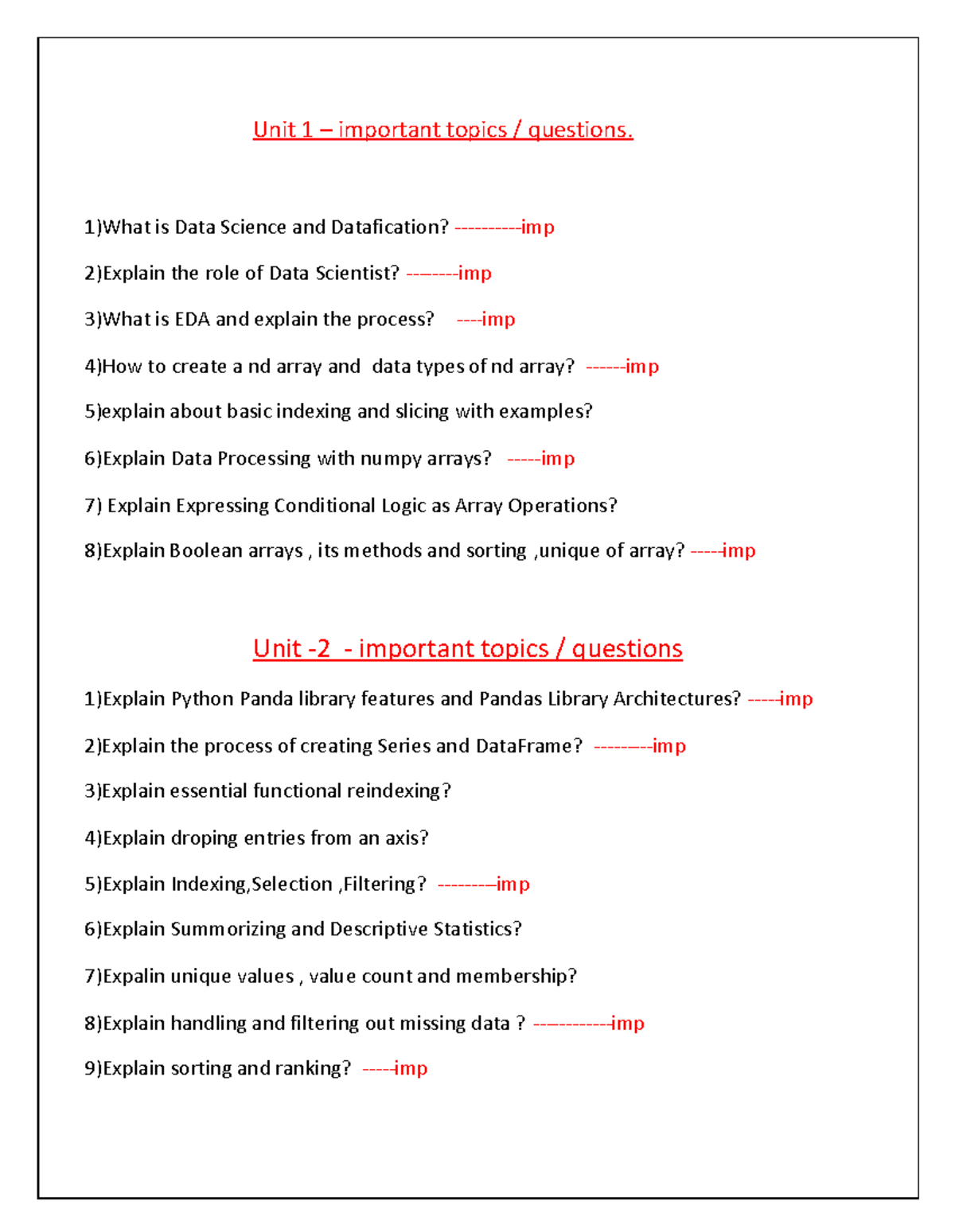 Fds important questions - Unit 1 – important topics / questions. 1)What is Data Science and ...