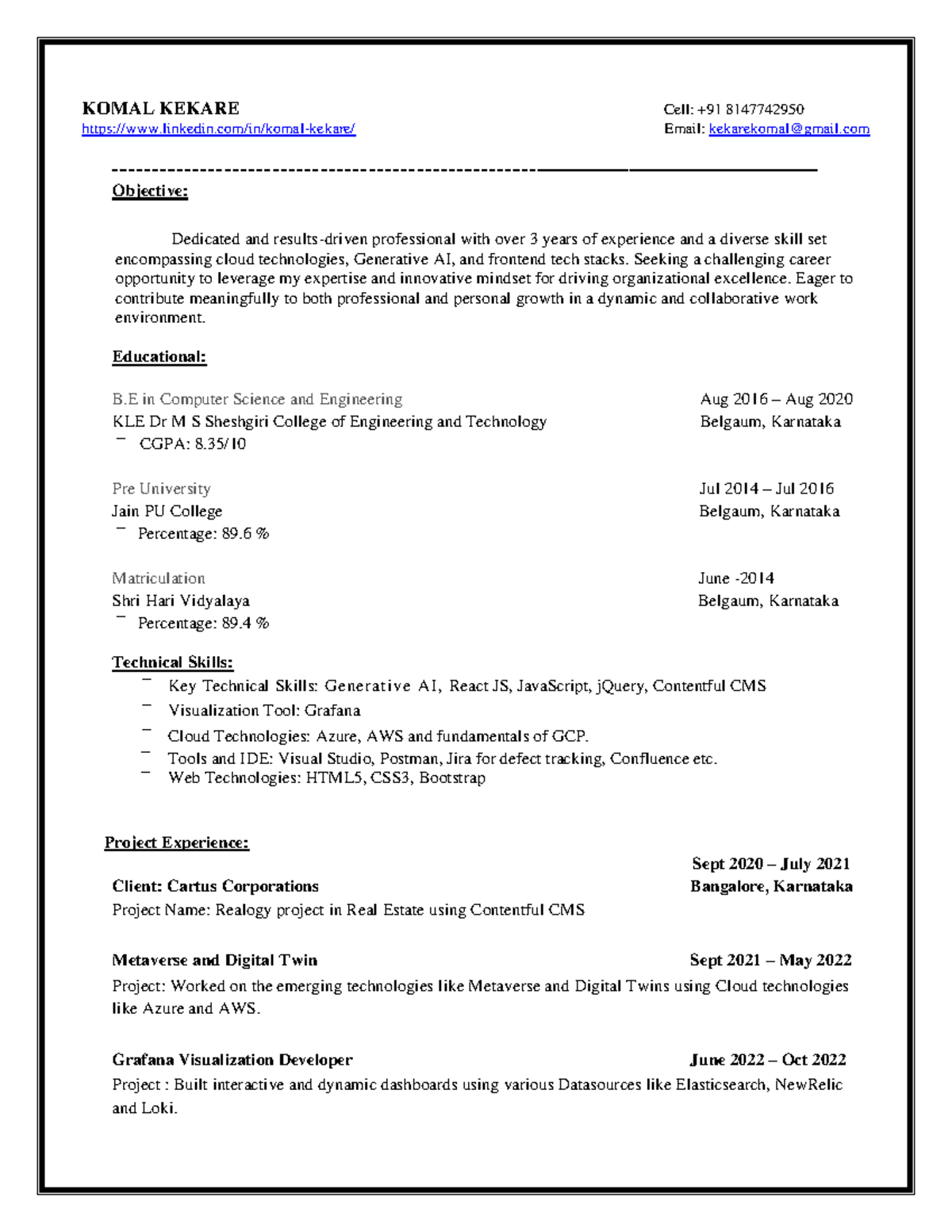 Komal Kekare Resume(updated) - KOMAL KEKARE Cell: +91 8147742950 ...