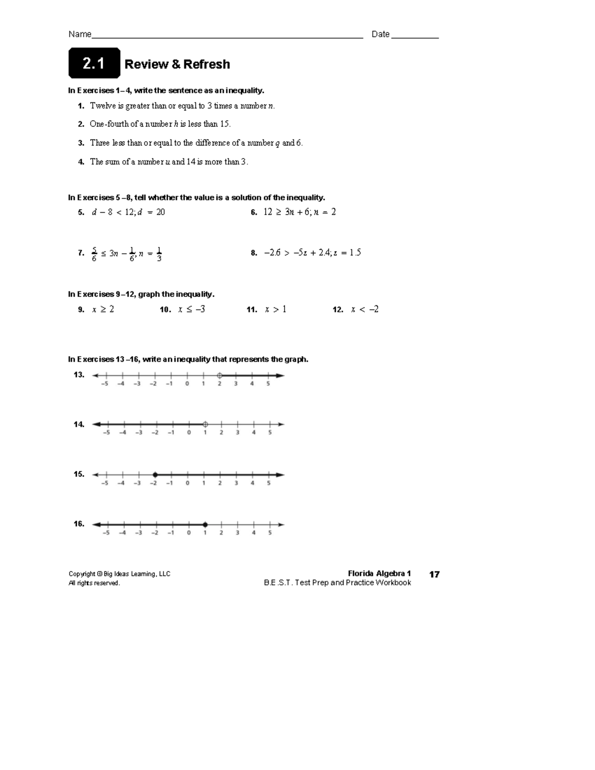 FSM 2 - answers - Copyright © Big Ideas Learning, LLC Florida Algebra 1 ...