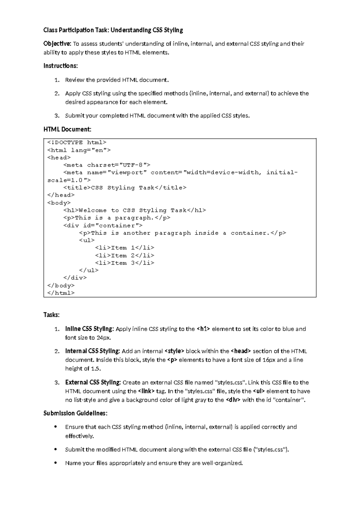 Class Participation Task CSS Styling - Class Participation Task: Understanding CSS Styling - Studocu