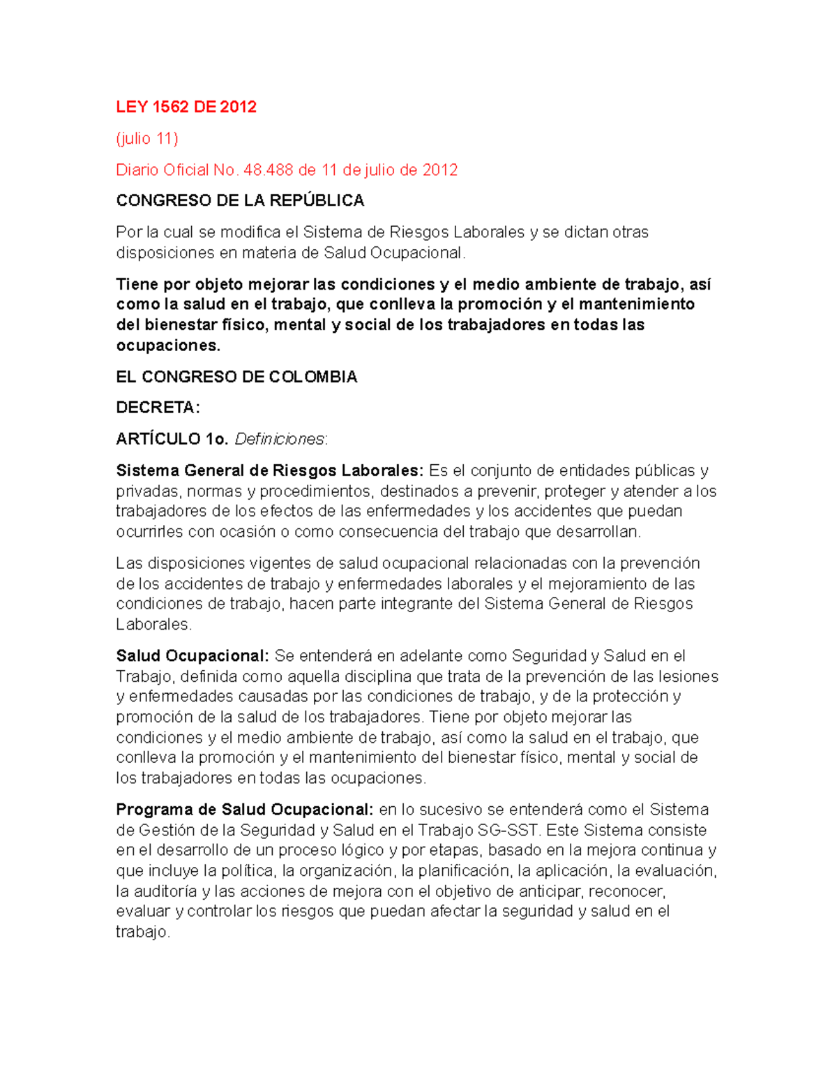 LEY 1562 DE 2012 - LEY 1562 DE 2012 - Legislacion en seguridad y salud ...