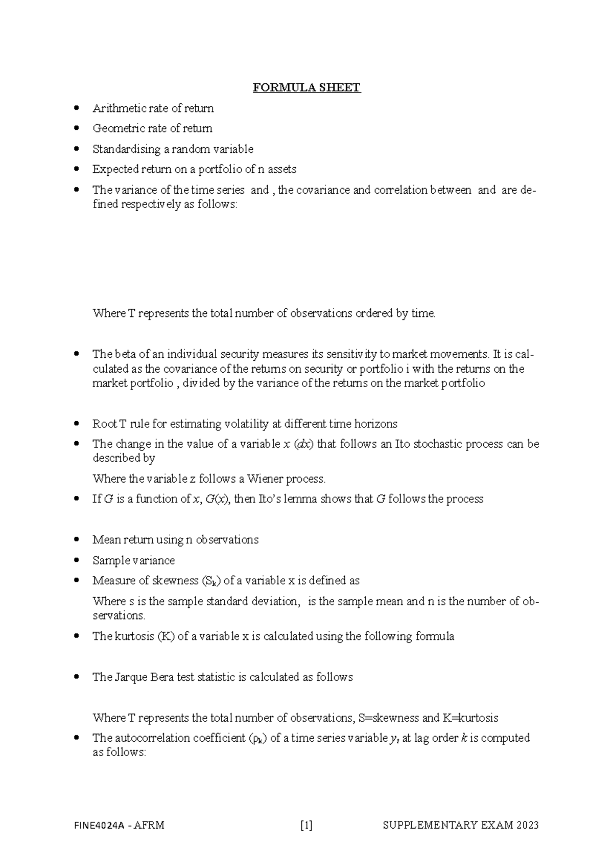 Formula sheet - FORMULA SHEET Arithmetic rate of return Geometric rate ...