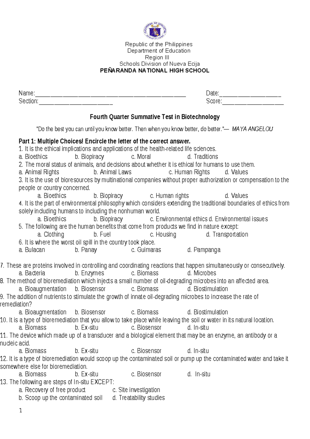 Fourth Quarter Summative Test in Biotechnology - Republic of the ...