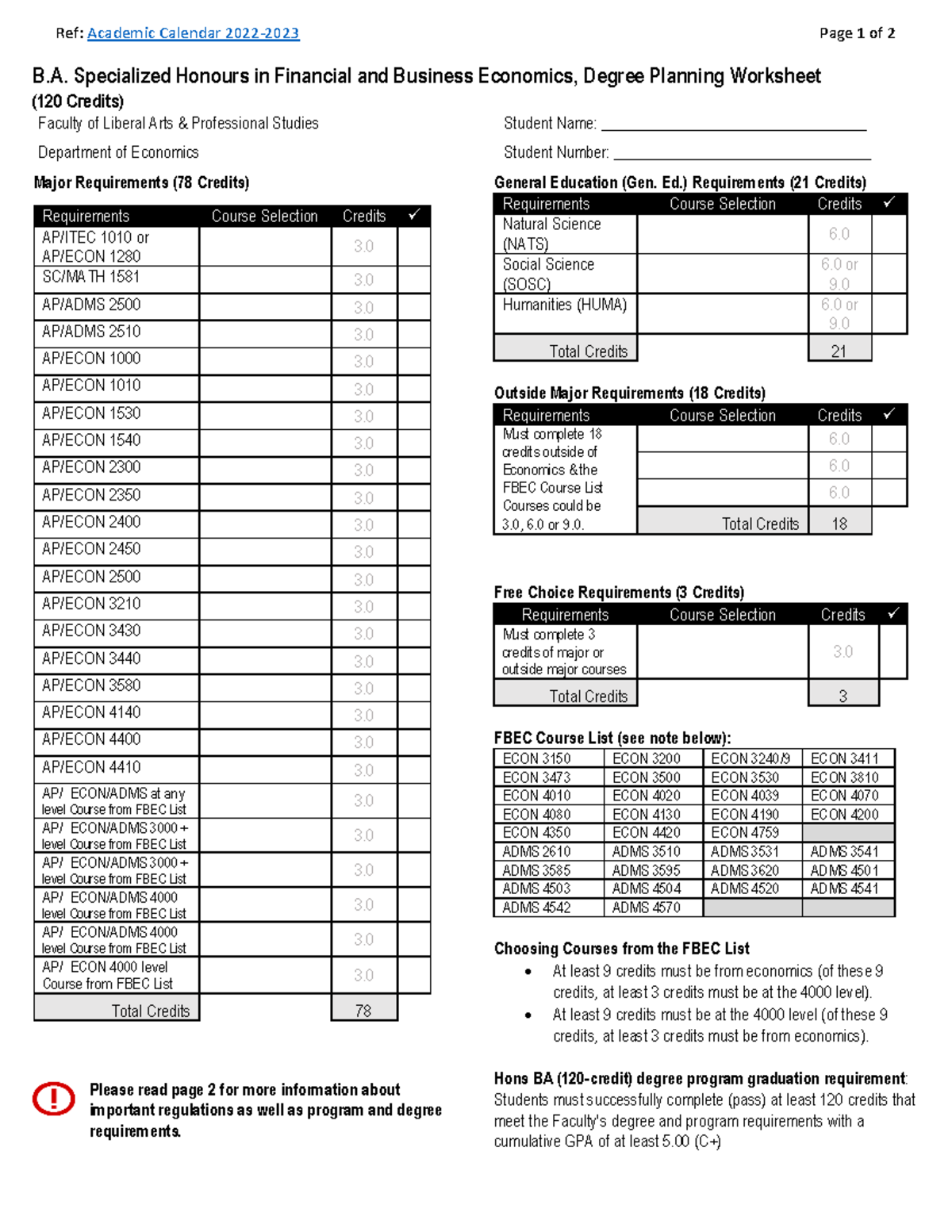 BA Spec Hons FBEC Degree Planning Worksheet FW22 web - Ref: Academic ...