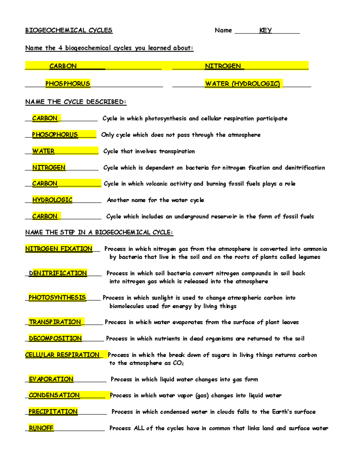 Cycles worksheetanswers - BIOGEOCHEMICAL CYCLES Name KEY_ Name the 4 ...