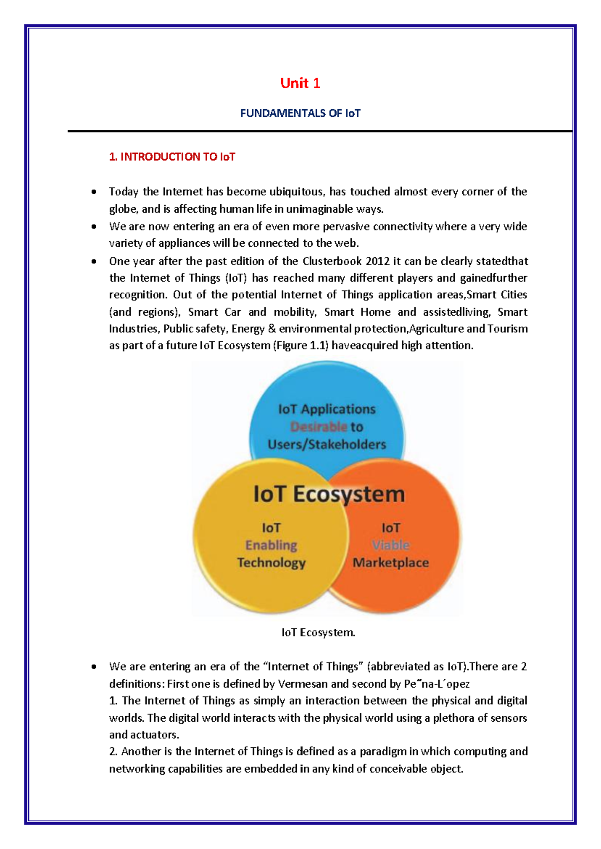 Internet OF Things Notes - Unit 1 FUNDAMENTALS OF IoT INTRODUCTION TO ...