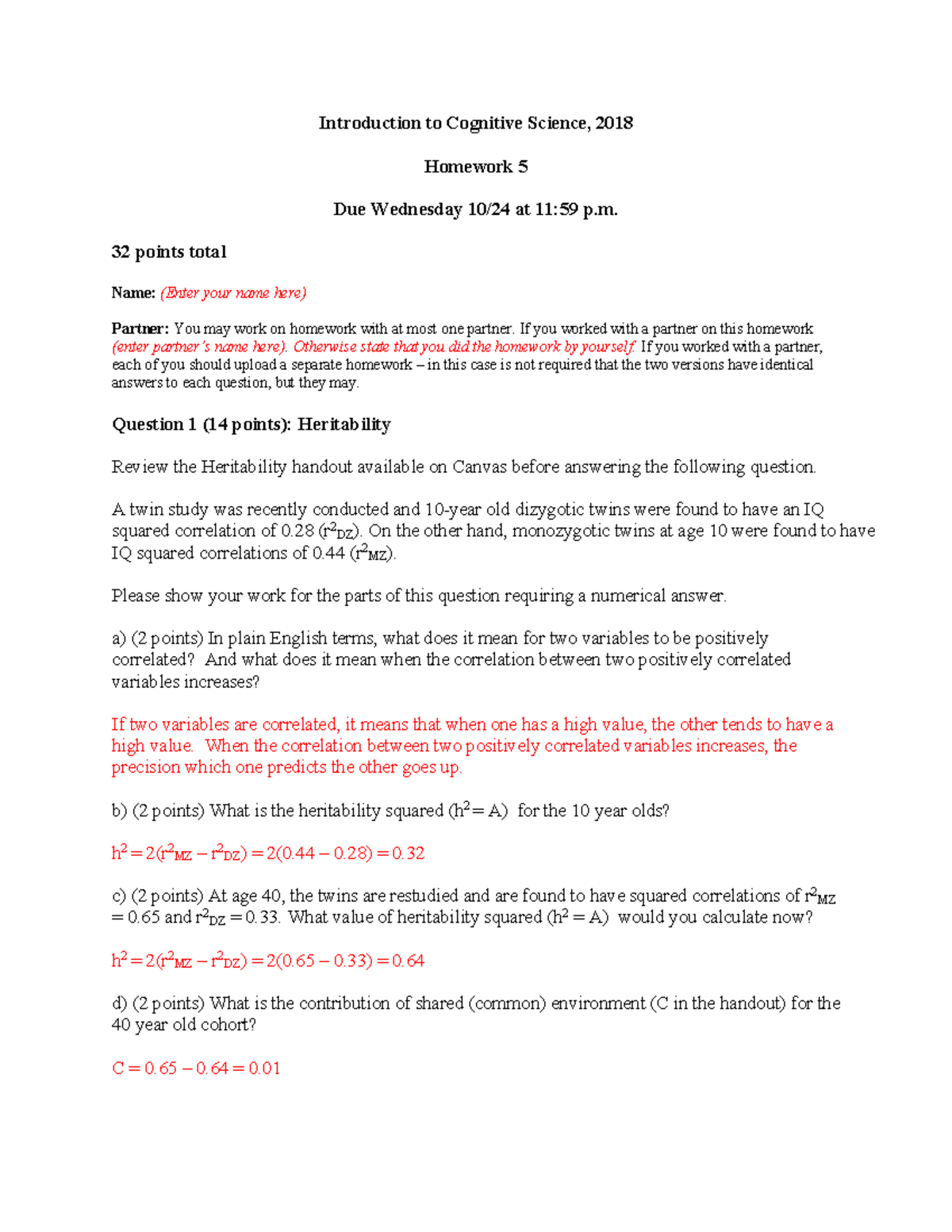Homework 5 Solutions 2018 - Introduction to Cognitive Science, 2018 ...