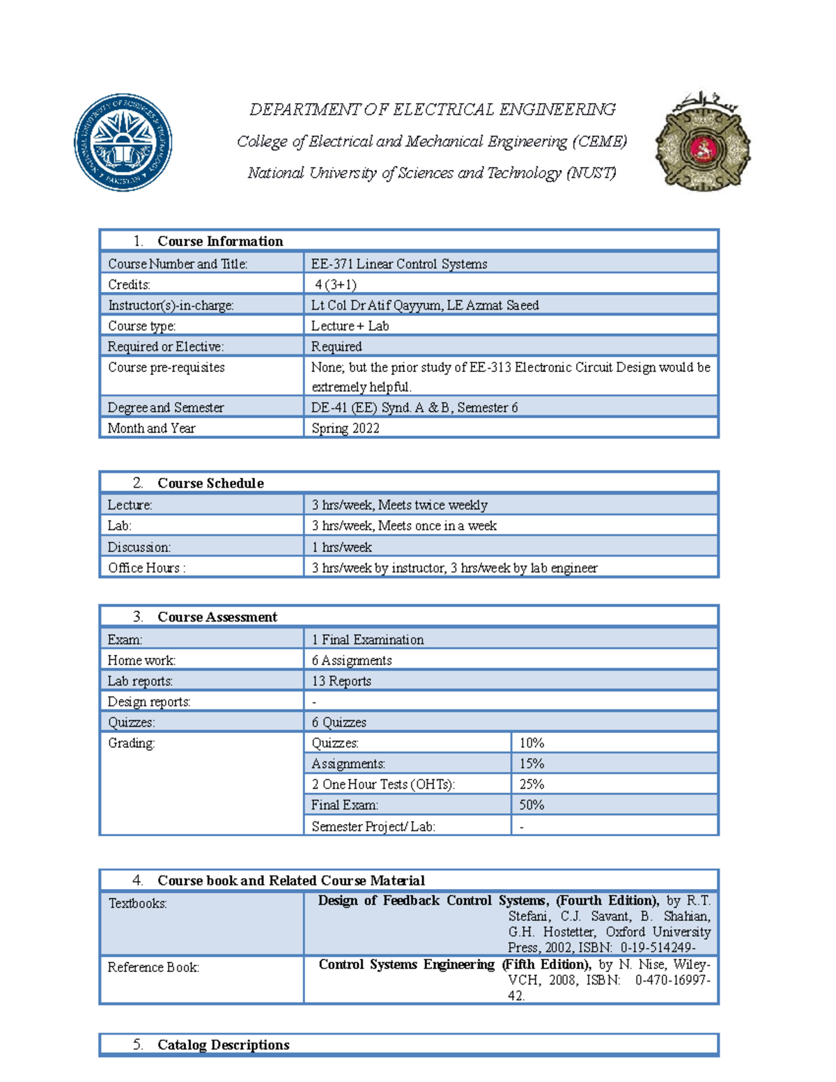 Course Outline EE-371 Linear Control Systems - DEPARTMENT OF ELECTRICAL ...