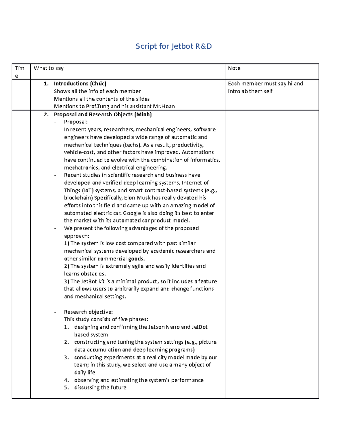 Script for Jetbot R - none - Script for Jetbot R&D Tim e What to say ...