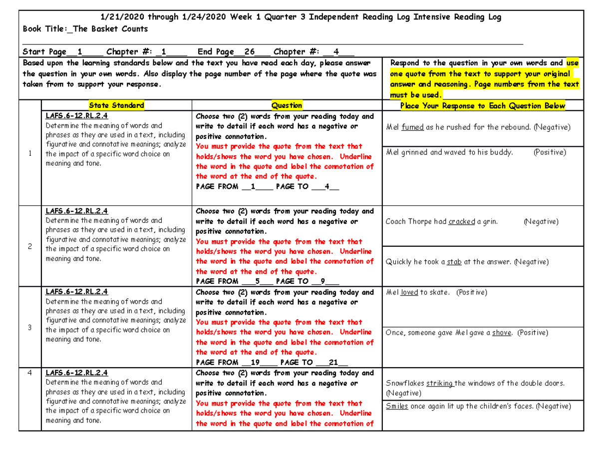 Reading Log 3 - Also display the page number of the page where the ...