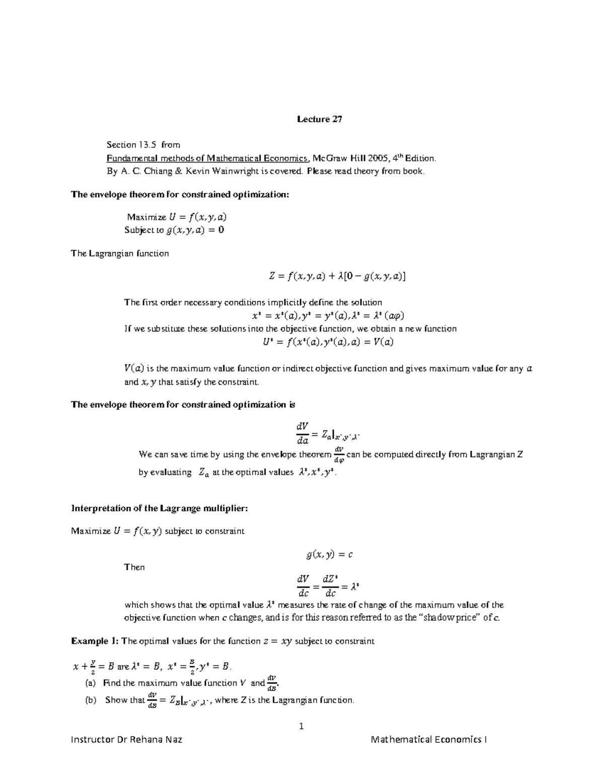 Part IV-Lectures 27-28 - 1 Lecture 27 Section 13. 5 from Fundamental methods of Mathematical ...