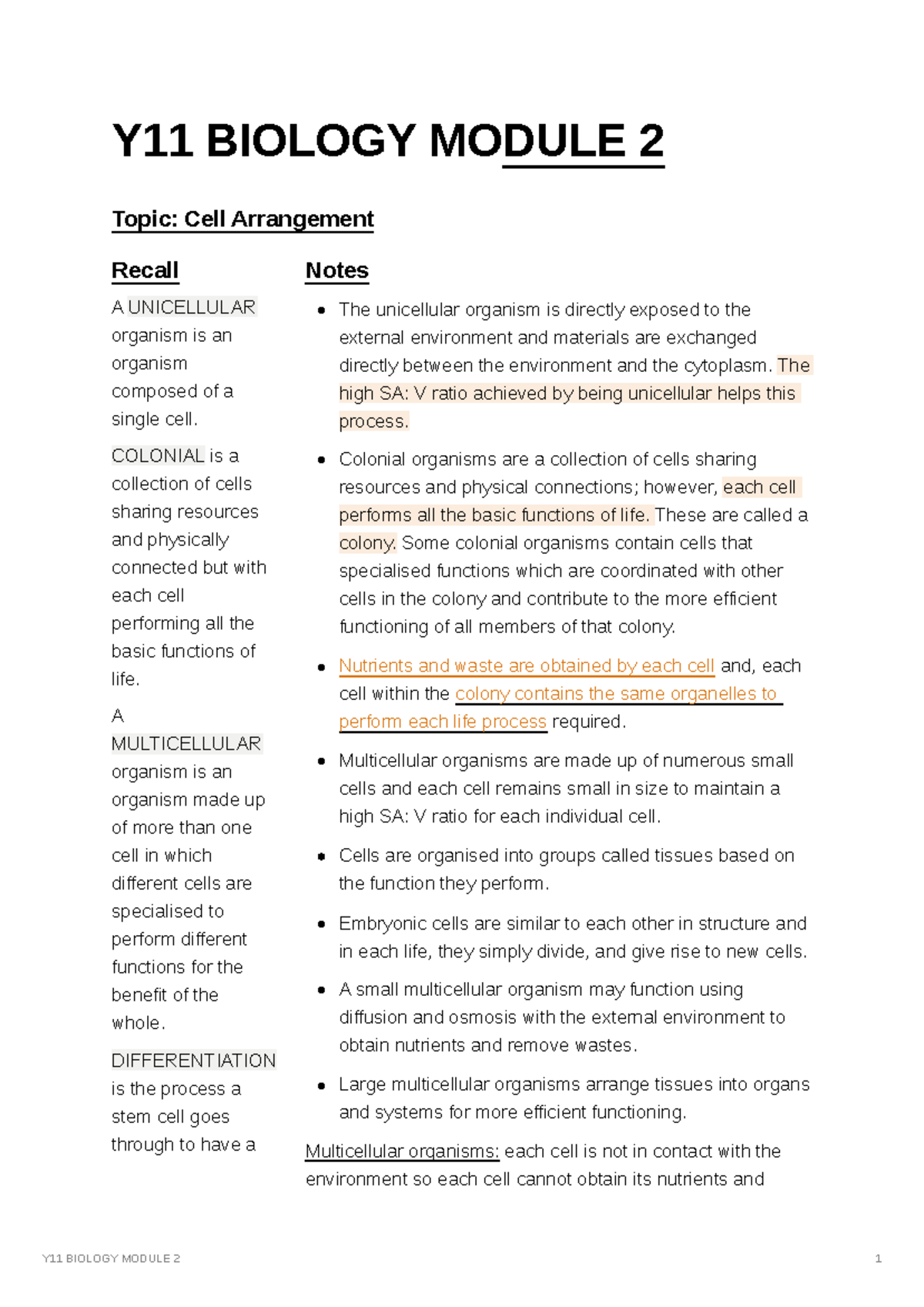 HSC Y11 Biology Module 2 - Y11 BIOLOGY MODULE 2 Topic: Cell Arrangement ...