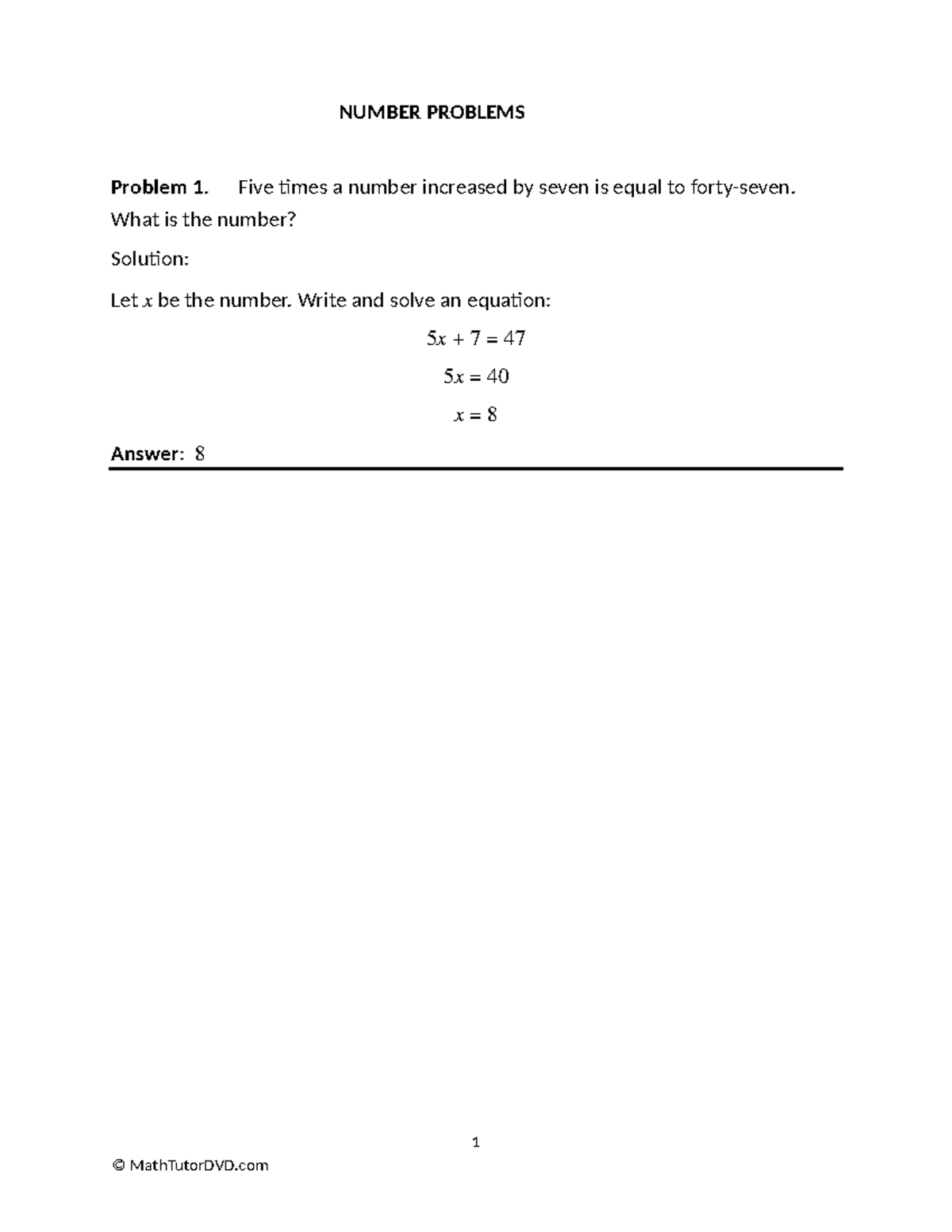 Number- Problems - exercises - NUMBER PROBLEMS Problem 1. Five times a ...