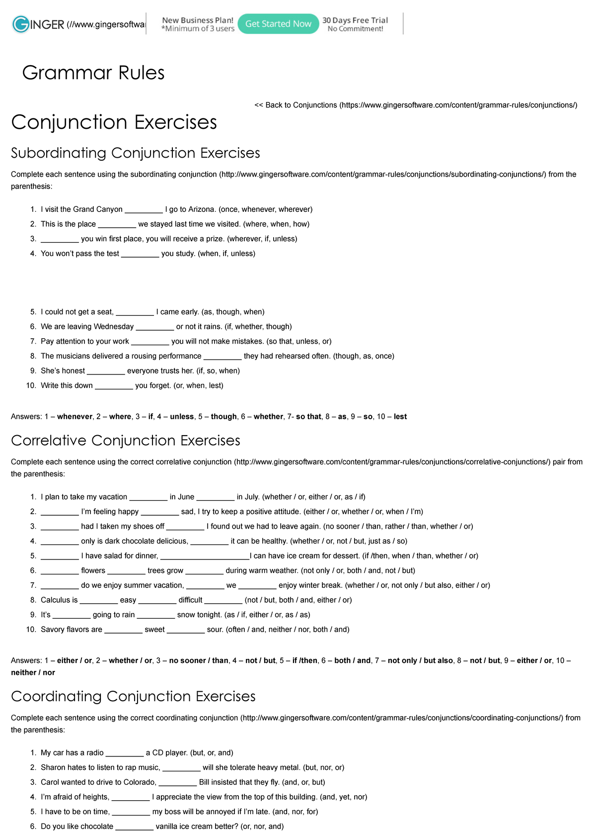 Conjunction Exercises - Practice English Conjunctions - Grammar Rules ...