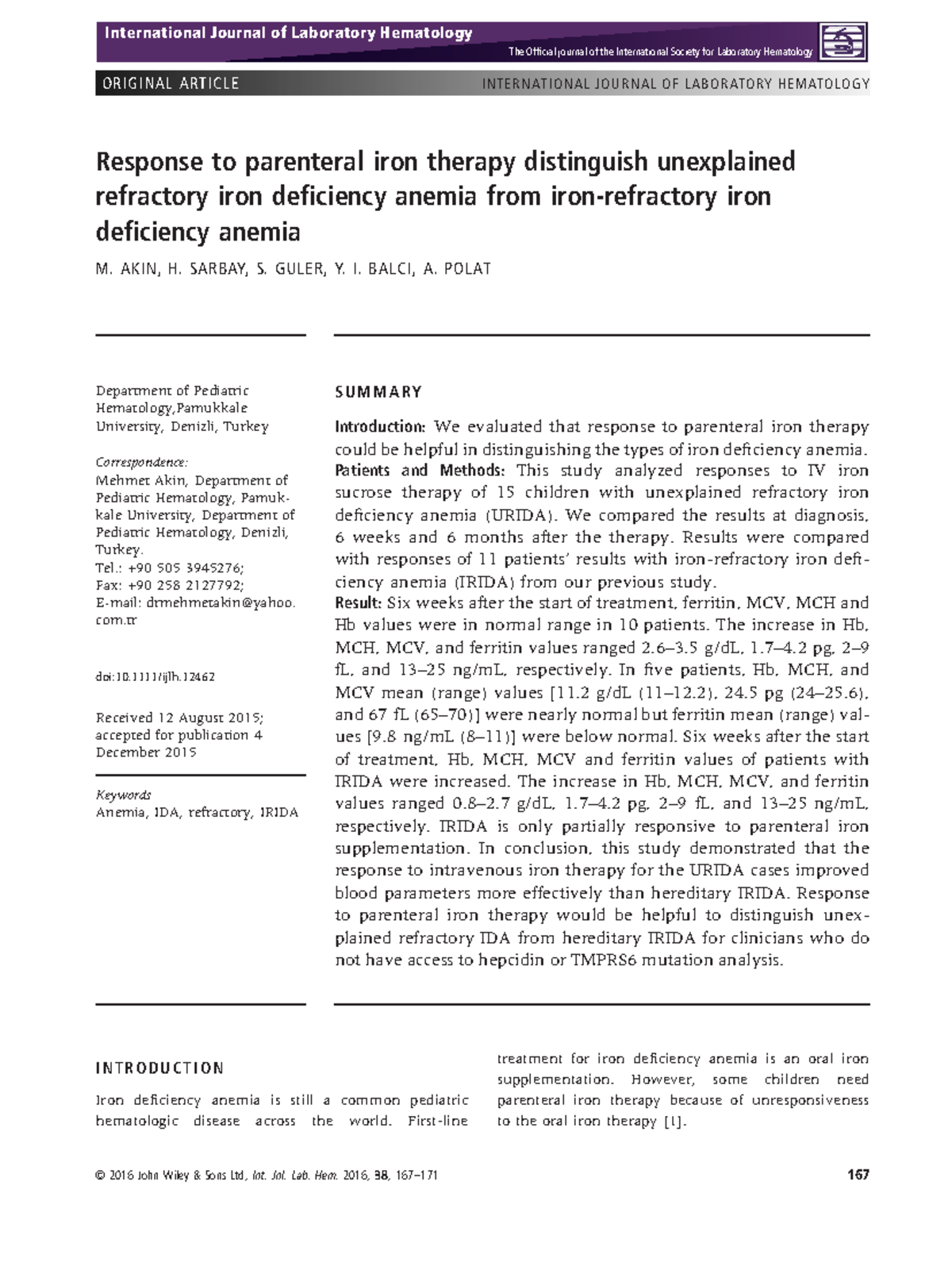 Akin2016 - art - Response to parenteral iron therapy distinguish ...