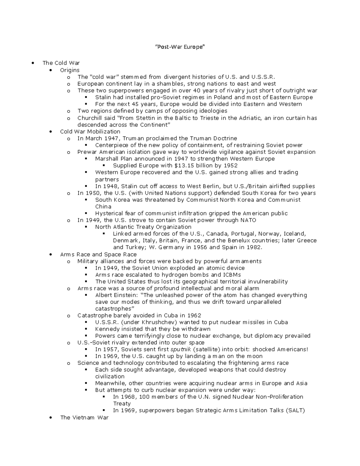 Roj KL 7- Notes-Post-War Europe - “Post-War Europe” • The Cold War ...
