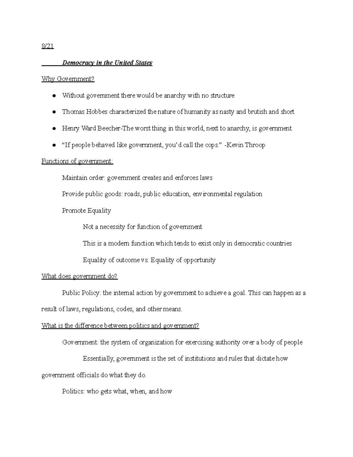 Government Notes - 8/ Democracy in the United States Why Government ...